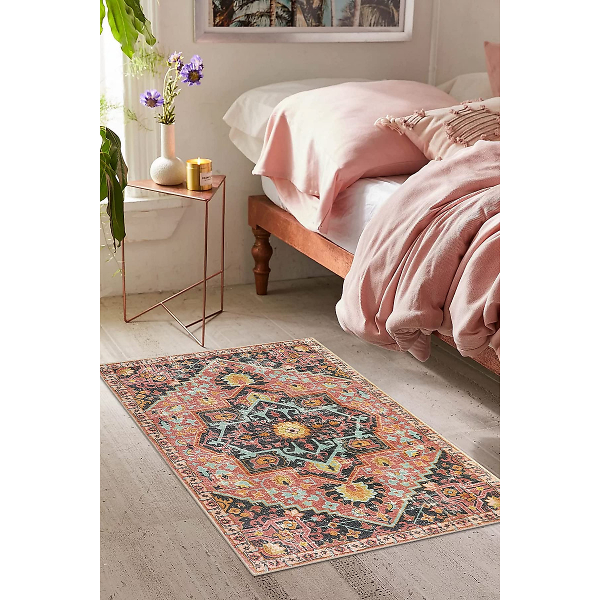 Lahome Washable Hot Pink Kitchen Rugs 2x3 Small Entryway Rug, Bathroom Rugs Non Slip, Bohemian Floral Soft Rubber Backing Low-Pile Indoor Printed Throw Floor Carpet for Bedside Laundry Door