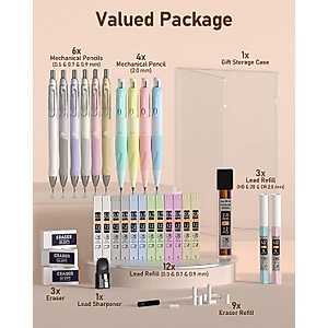 Nicpro 31PCS Pastel Mechanical Pencil Set in Case, Cute Mechanical Pencils 0.5, 0.7, 0.9 mm & 2.0 mm with 15 Tube (HB 2B Colors)Lead Refills, 3 Erasers, Aesthetic School Supplies for Writing Sketching
