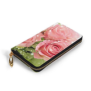 ZHRYMIFE Pink Roses And Heart Women Zip Around Leather Wallet Phone Clutch Travel Credit Card Holder Purse, Black