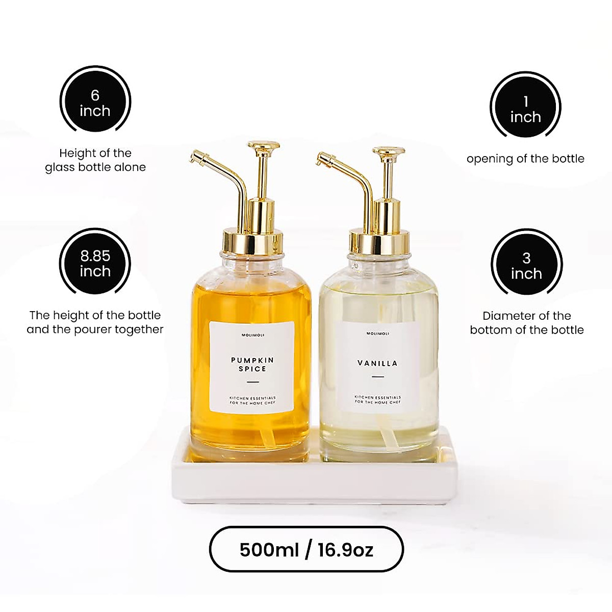 Molimoli Coffee Syrup Dispenser for Coffee Bar with Ceramic Tray, Coffee Pump Dispenser, 500 ml, Set of 2, Gold Upgraded Pump