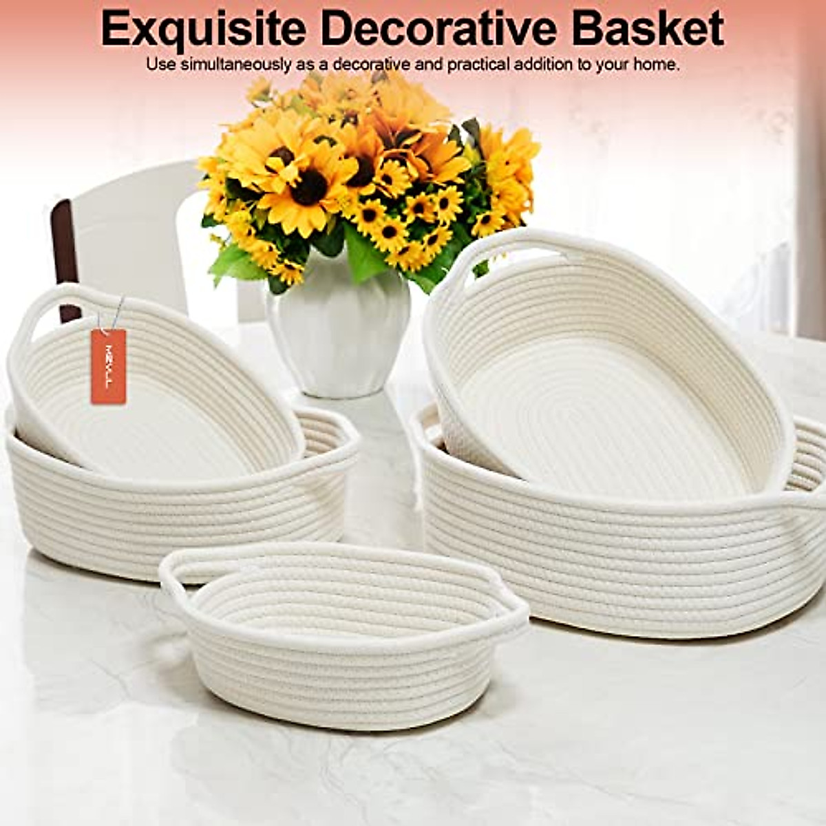 MZVUL Cotton Rope Storage Basket, 5 PCS Woven Baskets for Organizing, Toy Storage Small Baskets, Cuboid Woven Storage Basket with Handles for Baby Nursery, Bathroom Organizer Bins (Beige)