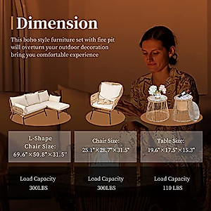 NICESOUL® Natural Color Bohemian Outdoor Patio Furniture Lounge Set with Round Fire Pit Table Handwoven PE Wicker Conversation Sectional Sofa Chair Sets with Ice Bucket Table for Garden Balcony Deck