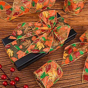 2 Rolls Fall Wired Ribbon Autumn Maple Leaves Organza Glitter Ribbons Thanksgiving Orange Decorative Craft Ribbon for Gift Wrapping Bow Wreath Making DIY Fall Party Decoration