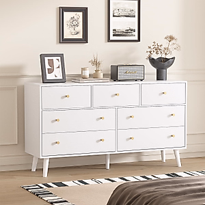 HOUROM White Dresser for Bedroom, Dresser with 7 Drawers, Wood Dressers & Chests of Drawers, Modern Double Dresser with Wide Drawer and Metal Handles