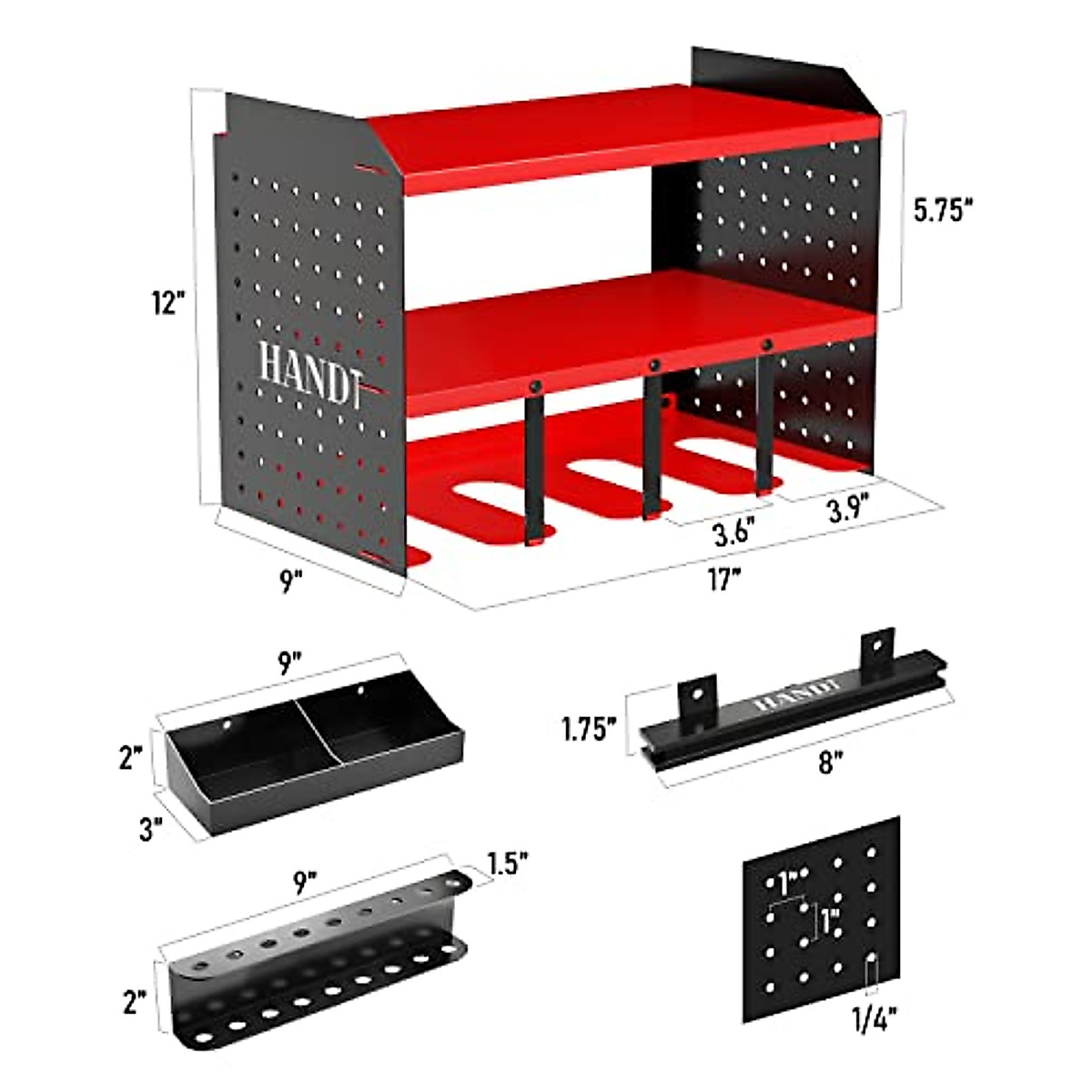 HANDT Power Tool Organizer, Wall Mount Drill Holder Garage Storage Rack, Pegboard Screwdriver Holder with Magnet Bar & Organization Bin, Cordless Drill Battery Charging Station Utility Shelf, Red