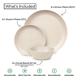Grow Forward 24-piece Premium Wheat Straw Dinnerware Sets for 8 - Dinner Plates, Dessert Plates, Cereal Bowls - Unbreakable Microwave Safe Plastic Plates and Bowls Sets, RV, Camping Dishes - Sahara