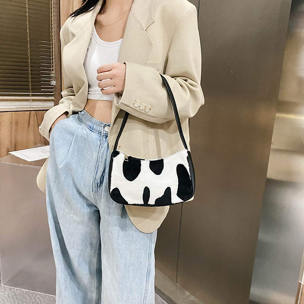 VALICLUD Shoulder Bag for Women Mini Furry Handbag Underarm Purse Cow Print Clutch Bag Faux Fur Purse