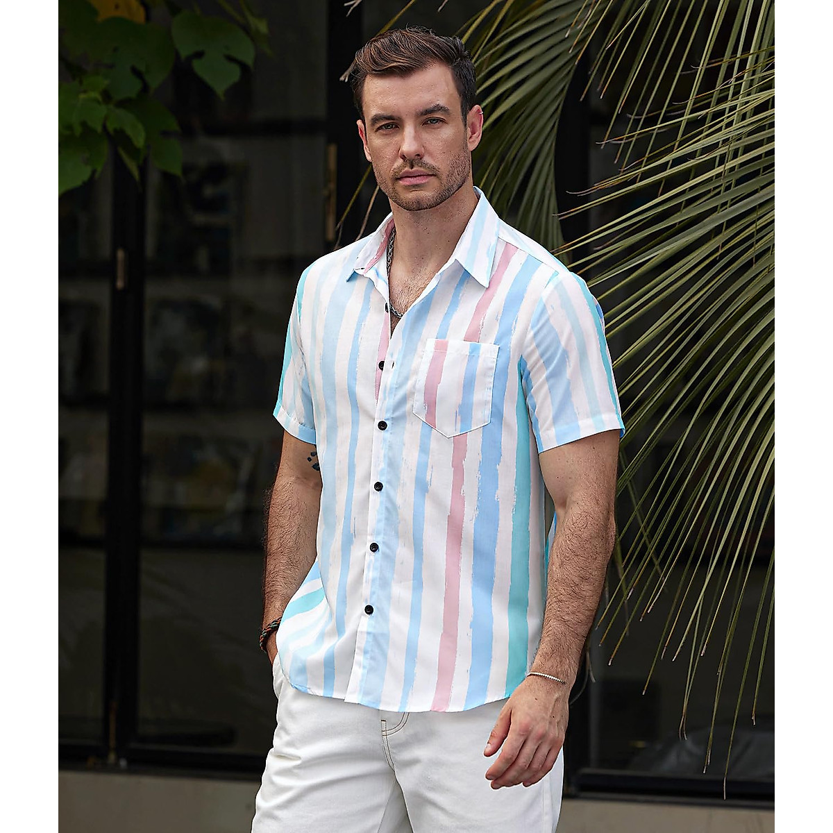 VATPAVE Mens Striped Summer Shirts Casual Button Down Short Sleeve Beach Stylish Untucked Hawaiian Shirts Small Blue Pink