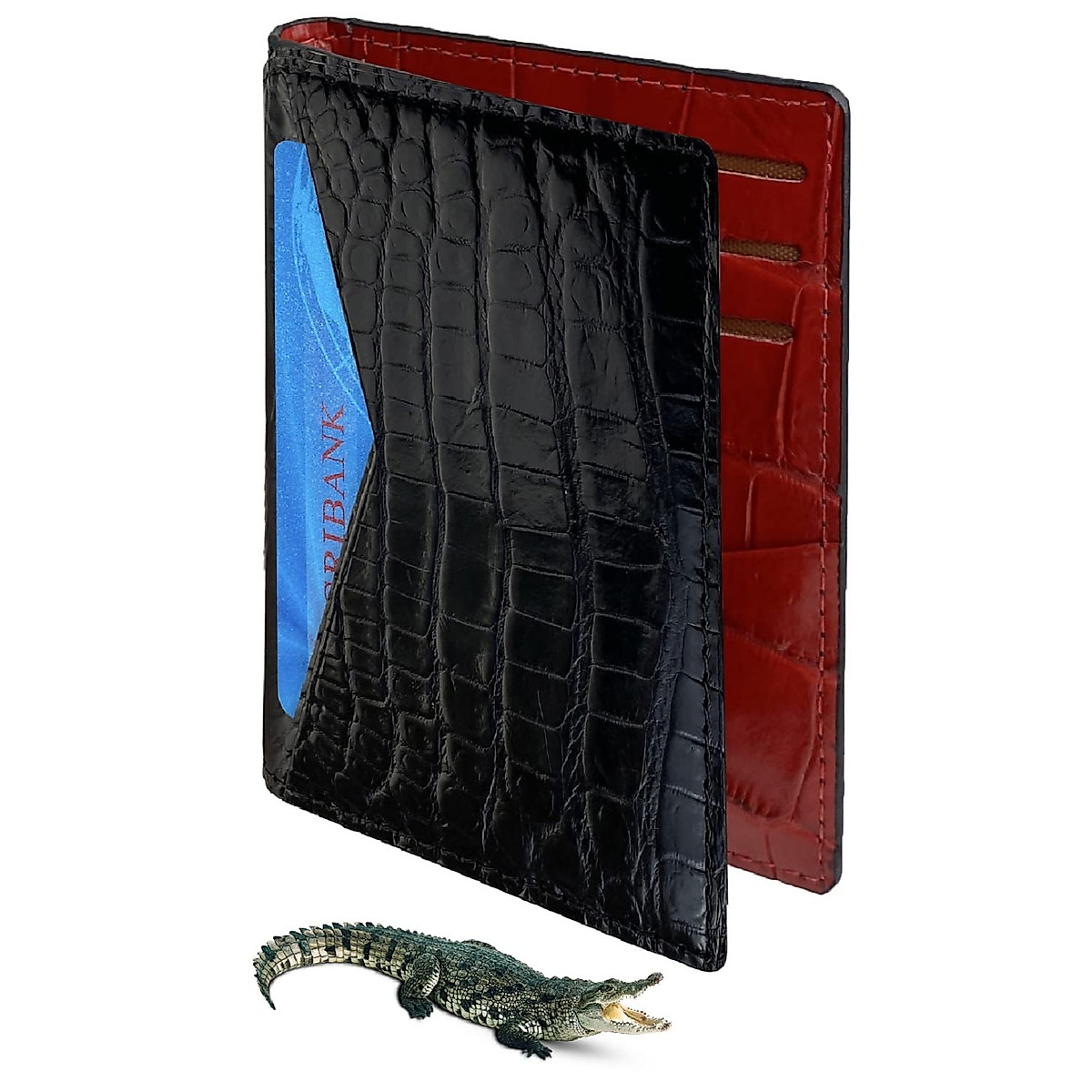 Black Red Slim Alligator Leather Card Holder Business RFID Blocking Men Two Tone Minimalist Crocodile Bespoke Wallet Double Side Handmade CARD-12