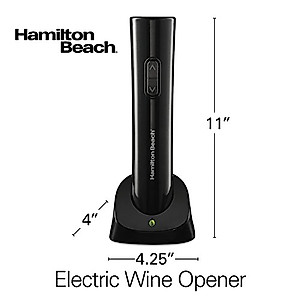 Hamilton Beach 76610 Cordless Electric Wine Bottle Opener with Battery Charger, Foil Cutter and Comfortable Grip, Portable, Black