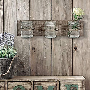 Stonebriar Rustic Industrial White Wash Wood Hanging Wall Decor with 3 Glass Jar Containers, Clear