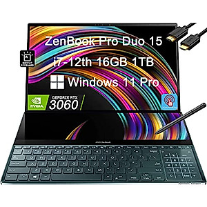ASUS ZenBook Pro Duo 15 UX582 15.6" FHD OLED Touchscreen (Intel 14-Core i7-12700H, 16GB DDR5 RAM, 1TB SSD, GeForce RTX 3060 6GB) Business Laptop, ScreenPad Plus, Backlit, IST HDMI, Stylus, Win 11 Pro