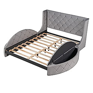 Yehha Queen Size Bed Frame w/ 1 Big Drawer & 2 Side Storage Stoo, Heavy Duty Upholstered Platform Bed w/Velvet Headboard, Capacity 500LBS, No Box Spring Needed, Gray