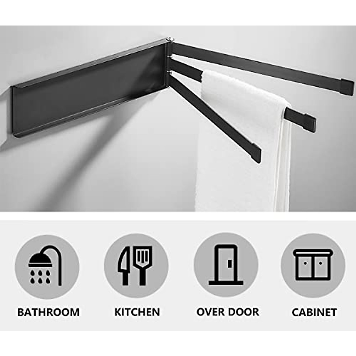 YEAVS Swing Towel Holder Rack Matte Black, Wall Mounted Towel Bar Swivel with 3-Arm for Bathroom Kitchen Storage