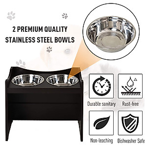 PawHut Raised Pet Food Elevated Feeder with 2 Stainless Steel Bowls, 3 Levels Adjustable Height Levels, and Wood Finish