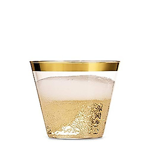 Munfix 100 Gold Plastic Cups - 9 Oz Clear Old Fashioned Tumblers - Fancy Gold Rimmed Cups - Disposable Wedding Cups - Elegant Party Cups with Gold Rim