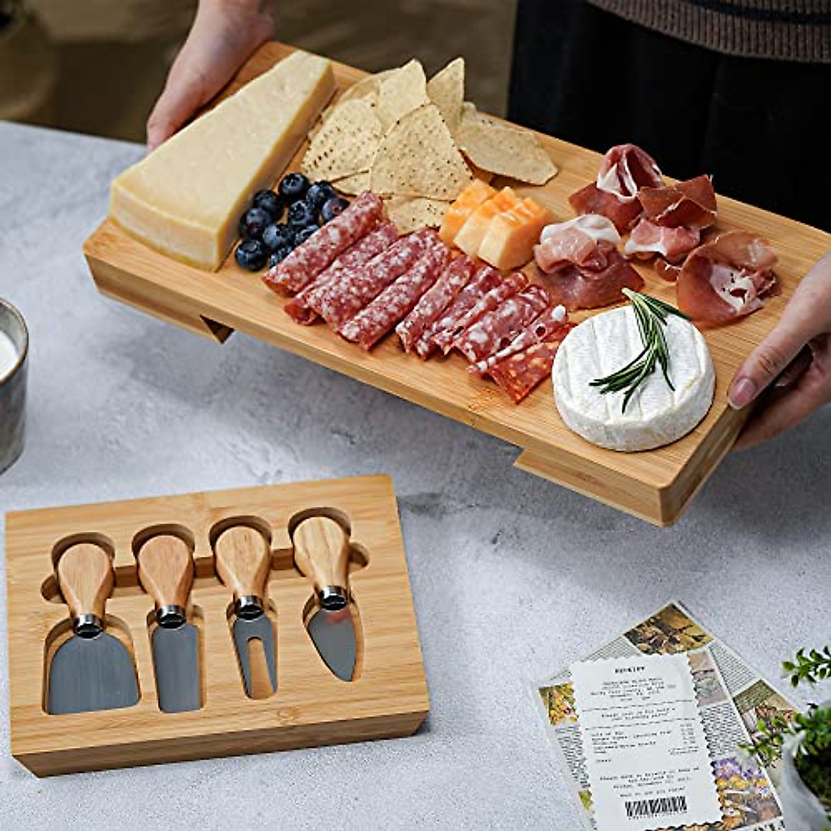 BIGTREE Bamboo Cheese Board and Knife Set, Charcuterie Board Serving Tray, Wine Meat Cheese Platter