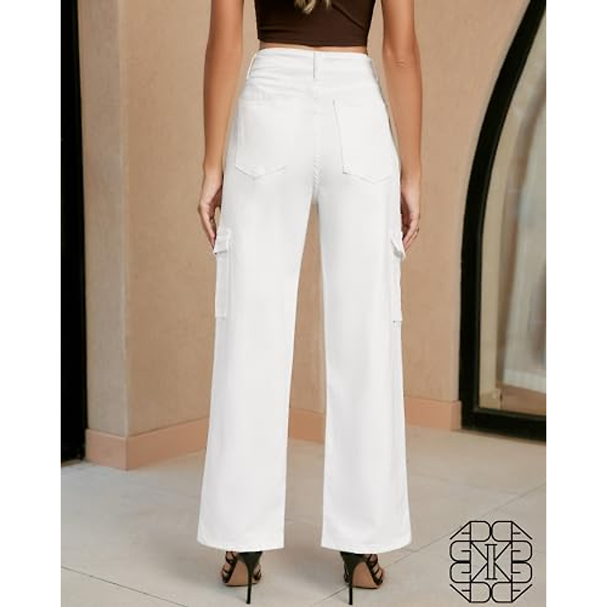 GRAPENT White High Waisted Wide Leg Pants - Stretch Jeans for Women - Off White, Size 12-14