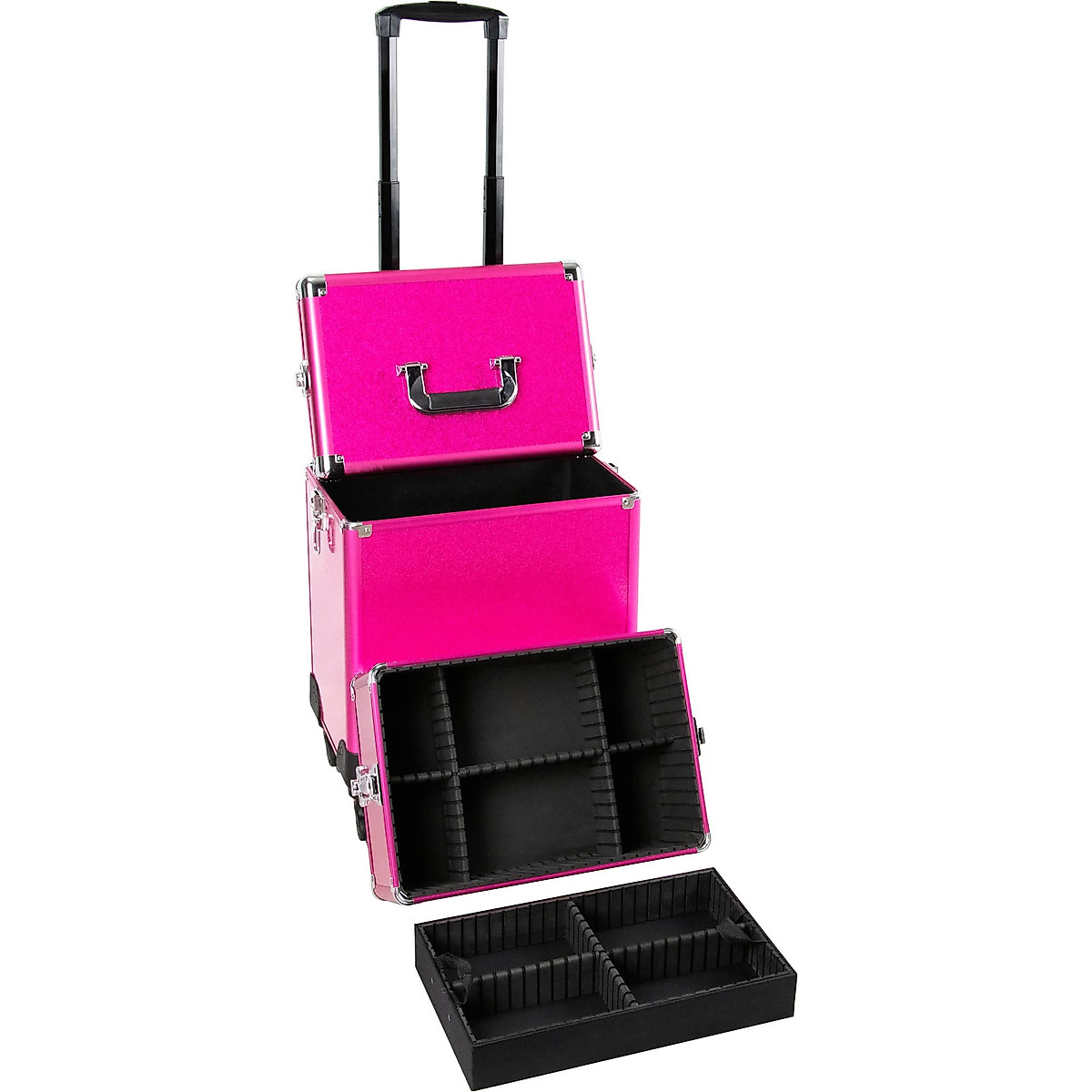 Ver Beauty 4 Wheels Removable Rolling Art Craft Tool Case Storage Organizer Travel Adjustable Dividers – VT003, Magenta Glitter