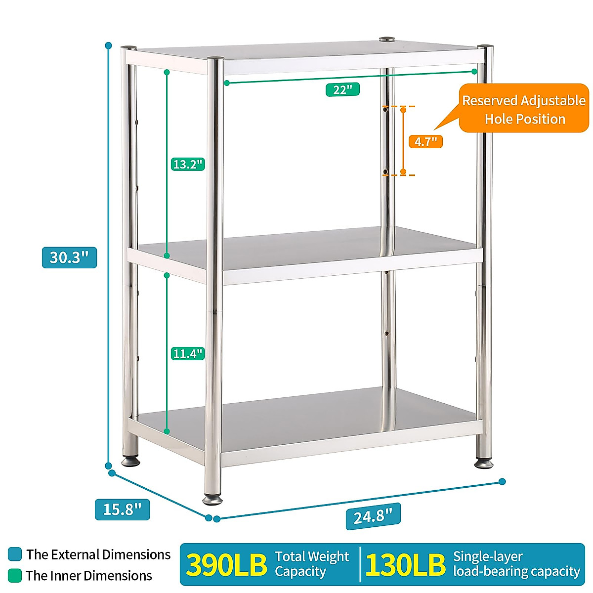 susunnus Stainless Steel Shelves Storage Shelves for Kitchen Garage Shelves Heavy Duty Shelving Metal Shelving Units and Storage Kitchen Industrial Storage Rack (24.8in*15.8in-3T(Without guardrails))