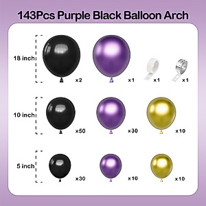 Metallic Purple Black Balloons Garland Arch Kit-143Pcs for Baby Shower, Birthday, Graduation, Engagement, Anniversary with Black & Gold Accents