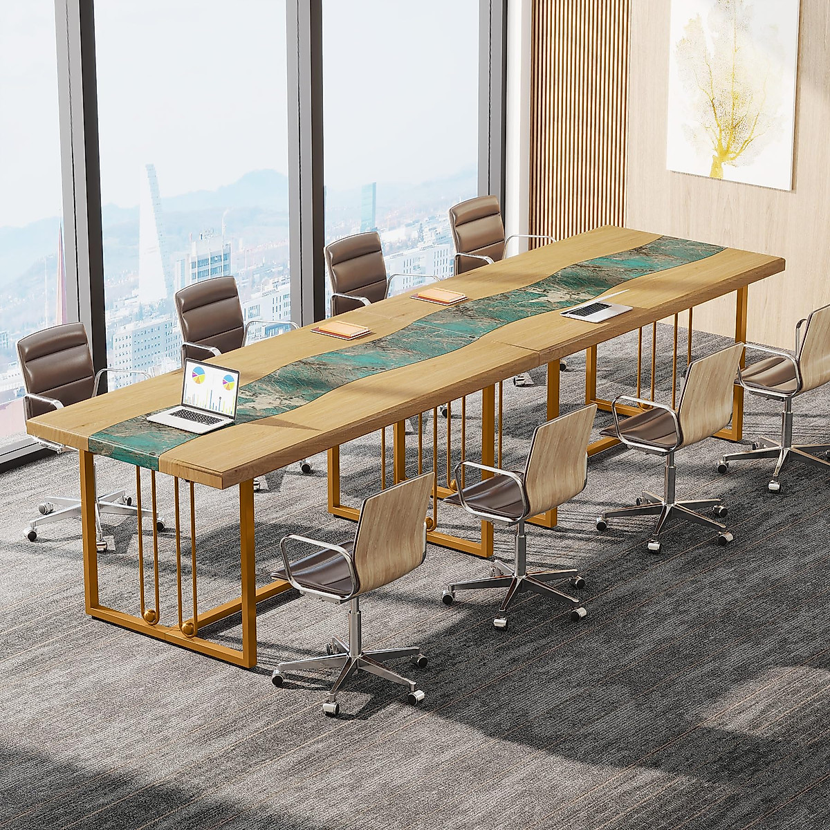 Tribesigns 63 Inches Conference Table with Amazonian Green Faux Marble & Light Brown Finish, Modern 5FT Meeting Tables with Stylish Metal Legs, Rectangular Business Seminar Training Table
