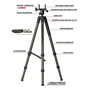 BOG DeathGrip Infinite Aluminum Tripod with Heavy Duty Construction, 360 Degree Ball Head, Quick-Release Arca-Swiss Mount System, and Optics Plate for Hunting, Shooting, Glassing, and Outdoors