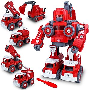 Ynanimery Transformation Robot,5 in 1 Deformation Robot Toy for Kids, Take Apart Robot Composed of Construction Toy Truck for Boys Age 4 5 6 7 8-12 Year Old, Kids STEM Building Gift,Red