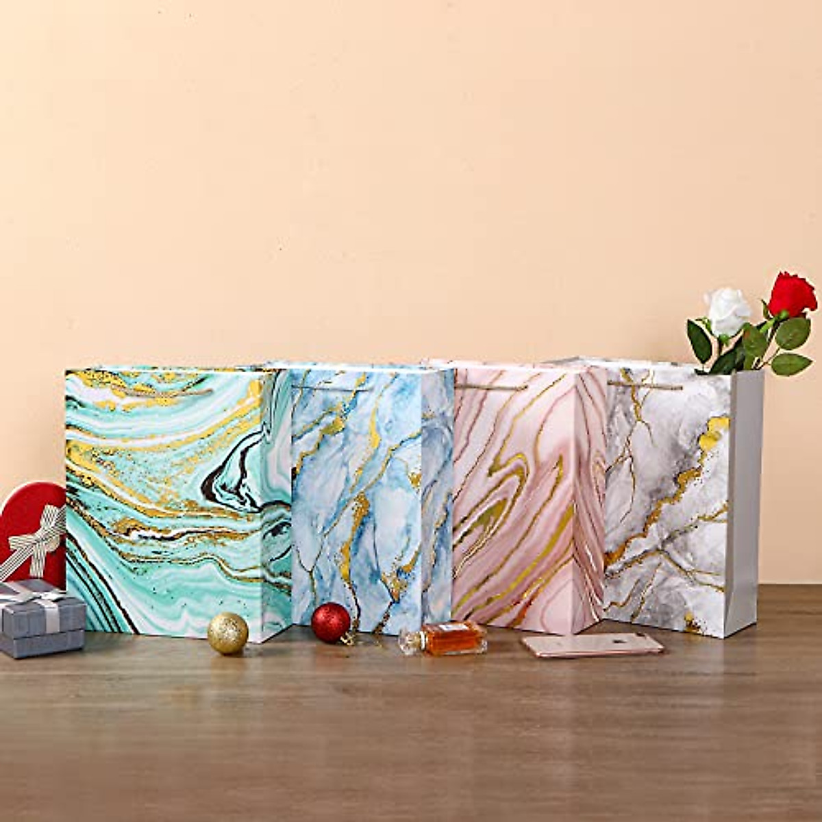 Lancool Gift Bags, 12 Pack 12.6x10.2x3.9 Inch Gift Bags Medium Size, Gift Bag Large Size, 4 Assorted Designs Foil Gift Bags for Monther's Day, Baby Shower, Birthday, Wedding, Party Favors