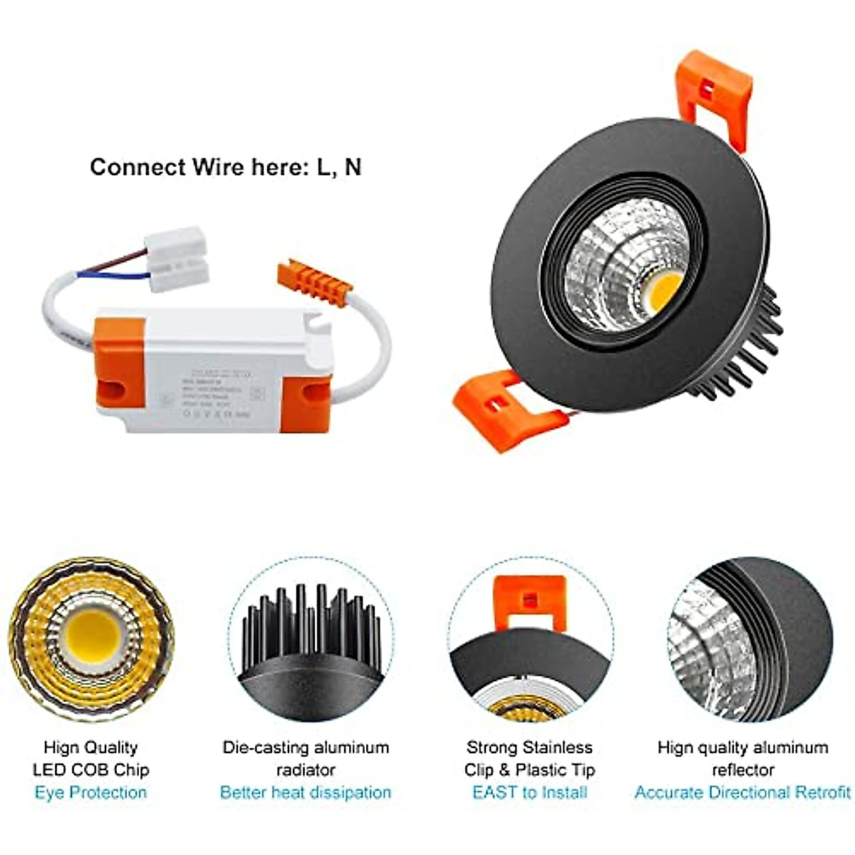inShareplus 2 Inch LED Downlight, 3W Recessed Lighting 220LM COB Dimmable, 3000K Warm White, CRI80, Black Trim, LED Ceiling Lights with LED Driver, 12 Pack