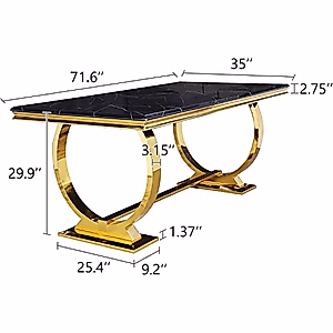 ACEDÉCOR 7 Piece Dining Table Set, Modern Dining Room Table with Gold Stainless Steel Metal U-Base, 6 Black Velvet Dining Chairs with Gold Legs(1 Table + 6 Black Velvet Dining Chairs)