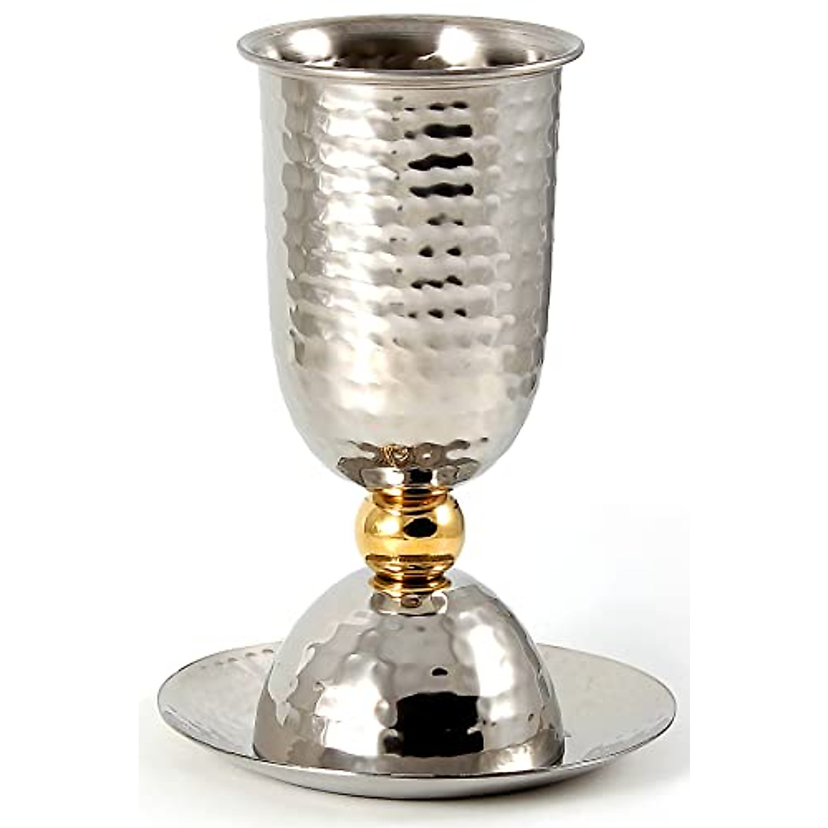 Luxurious Modern Kiddush Cup Set - Full Size Stainless Steel Hammered 6.25" Tall Goblet Wine Cup 10 oz with Matching Tray For Shabbat, Passover Seder, Bar/Bat Mitzvah, Wedding Gift By Zion Judaica