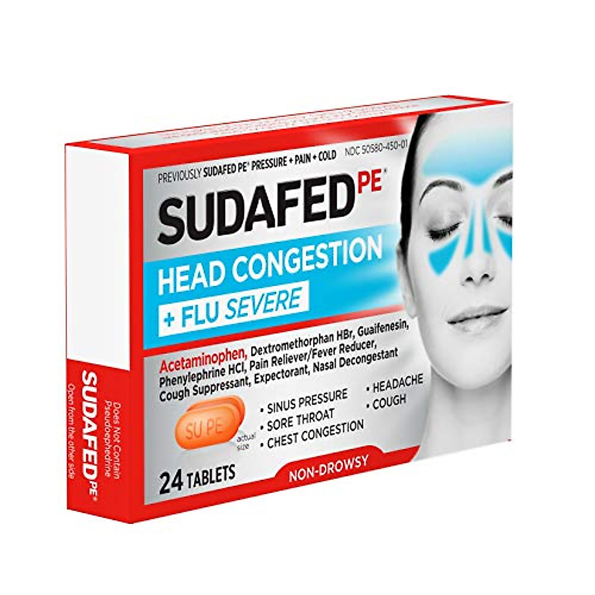 Sudafed PE Head Congestion + Flu Severe Decongestant Tablets for Adults, 24 ct