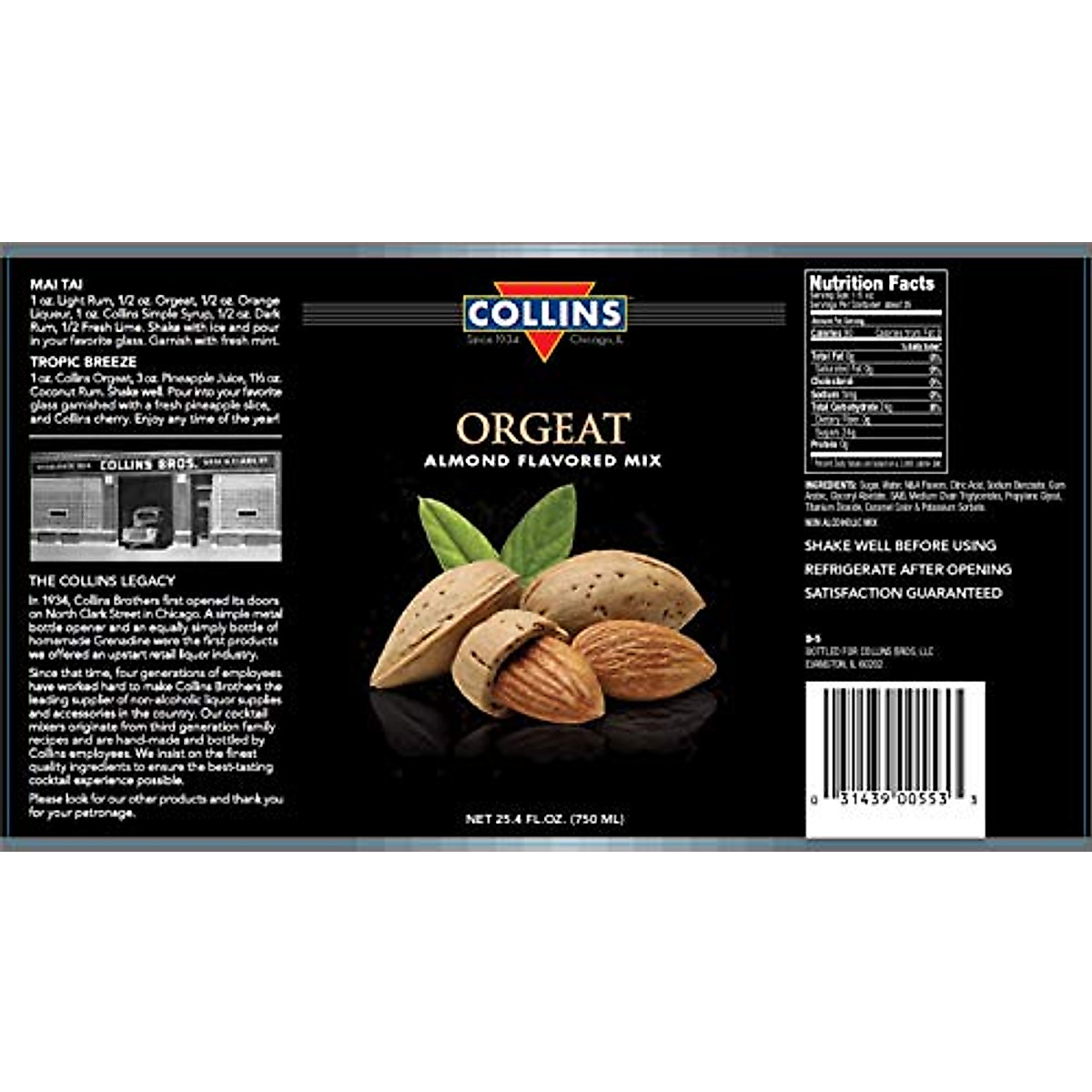 Collins Orgeat Syrup, Orgeat Simple Syrup, Real Sugar Cocktail Syrups, Soda Water Flavors, Cocktail Mixers, 32 Ounces, Set of 1