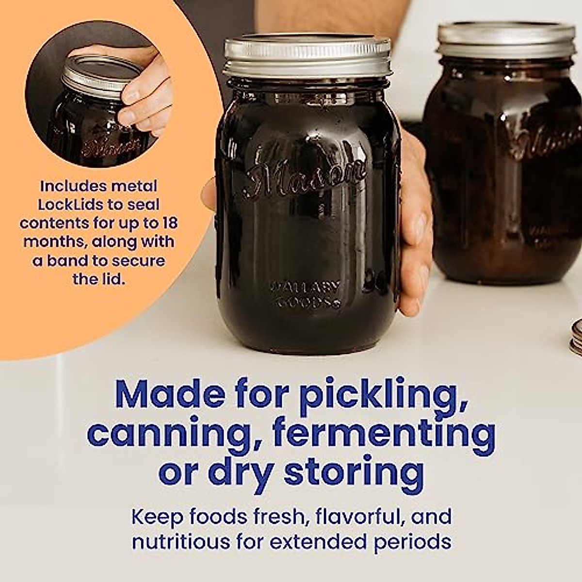 Wallaby 16oz Regular Mouth Amber Mason UV-Blocking Jars with Lid & Seal Bands - Airtight Glass Container for Canning, Pickling, Food Storage, Candles, Overnight Oats, Fruit, Jam, Jelly or DIY (4-Pack)