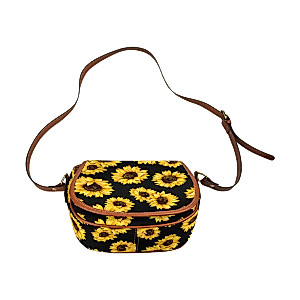 InterestPrint Sun-flower Pattern on Black Women Crossbody Bag Saddle Shoulder Bag Small Purse Satchel