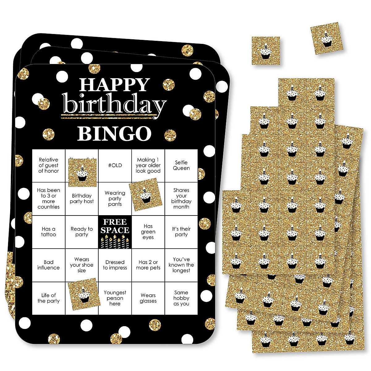 Big Dot of Happiness Adult Happy Birthday - Gold - Find The Guest Bingo Cards and Markers - Birthday Party Bingo Game - Happy Birthday Bingo - Set of 18
