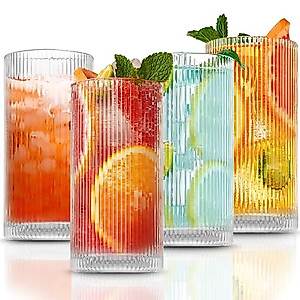 Mfacoy Glass Cups Vintage Glassware Set of 4 Large, Origami Style Transparent Cocktail Drinking Glasses Set, Bar Beverages Ice Coffee Cup Juice Ripple Drinkware, 13 Ounce