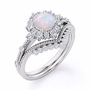 Opal Engagement Ring for Women Bridal Sets 1.35ct Opal and Moissanite Engagement Ring Set 10K White/Rose Gold Wedding Ring Set Opal Birthstone Anniversary Ring Free Engraved