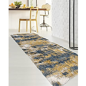 NOORI RUG - Premium & Luxury Imported - Lux Madison Machine Made High Pile Abstract - Rectangle - Blue - Gold - 2'2" x 6'0", Entryway, Kitchen