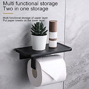 Ihvewuo formsiwod Black Toilet Roll Holder Aluminum Toilet Paper Holder with Phone Shelf Wall Mounted Toilet Roll Holder with Screws Anti-Rust Toilet Paper Holder for Bathroom Kitchen JK