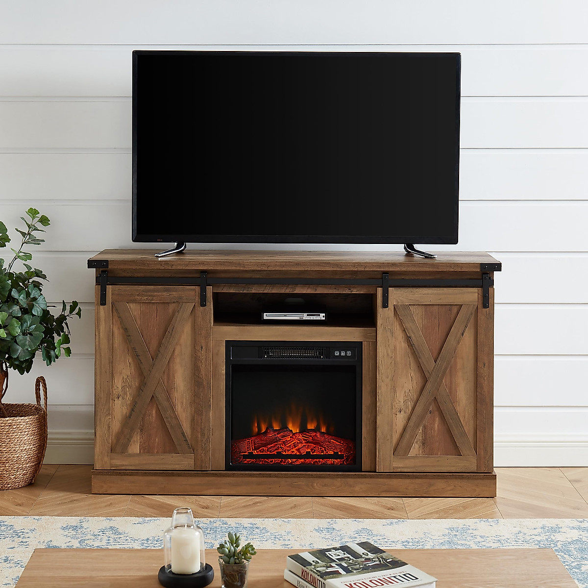 EDYO LIVING Farmhouse Electric Fireplace TV Stand for 60 Inch TV, Barn Door Entertainment Center with Fireplace and Open Storage Shelves for Living Room, Rustic Oak