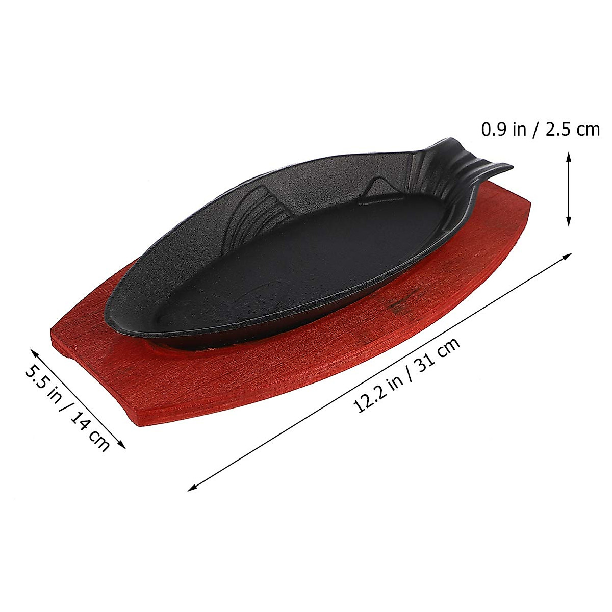 DOITOOL Small Cast Iron Skillet with Wooden Base, Creative Fish-Shaped Japanese Steak Plate Set for Restaurant Home Kitchen Cooking Pan Grilling Meats Seafood