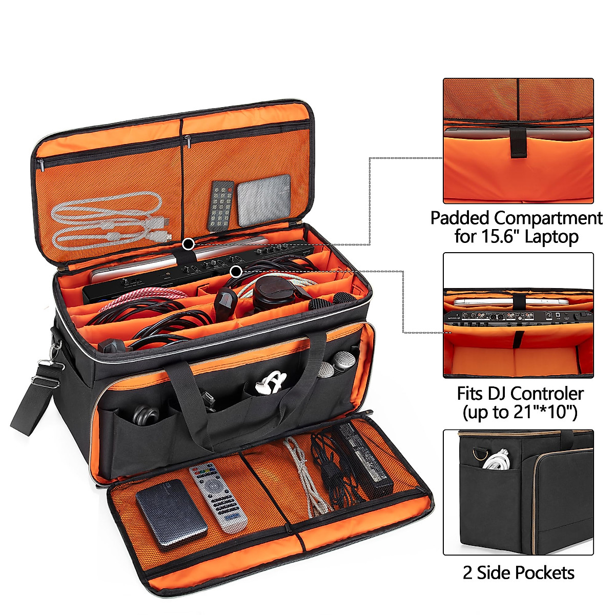 Trunab Large Travel DJ Cable File Bag with Inner Detachable Divider and Padded Compartment for 15.6” Laptop, Cable Organizer Bag for Cords, Sound Equipment, DJ Gear, Musician Accessories