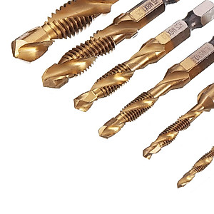 Eyech 6Pcs Titanium Combination Drill and Tap Bit Set, Metric Drill Tap Bits Screw Tapping Bit Tool 1/4" Hex Shank 3 Functions in 1