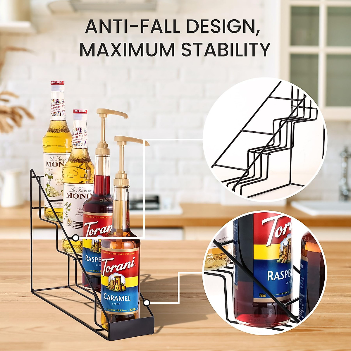 mustry Coffee Syrup Rack for Coffee Bar Accessories, Coffee Syrup Holder Fits with Torani and Monin Syrup, Coffee Bar Organizer Holds 4 Bottles, 2 Pack