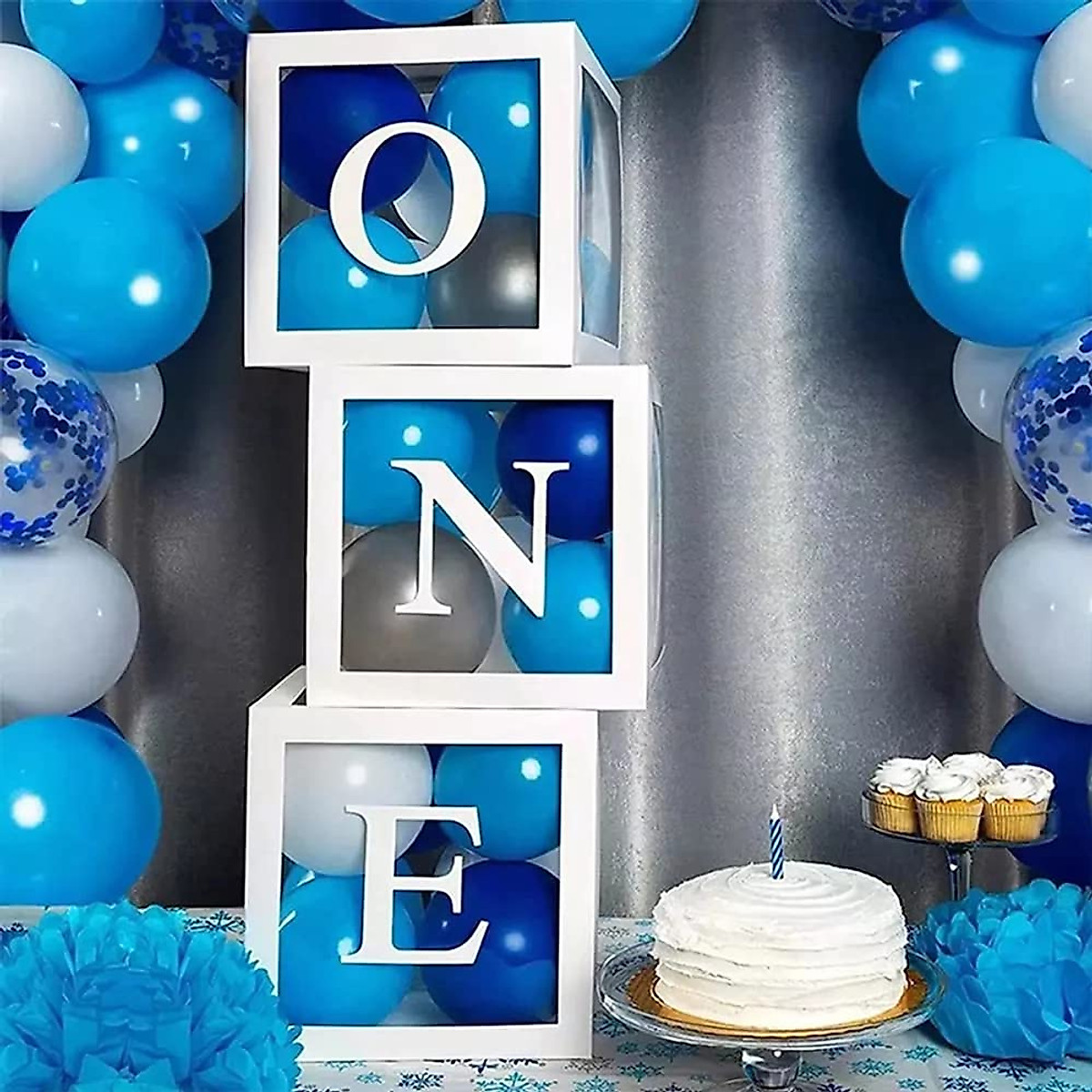 Sooyee First Birthday Decorations For Boy Or Girl, 3 Pcs ONE Balloon Boxes For 1st Birthday, Baby Clear Blocks Party Decor With ONE Letters For Photoshoot Props, Cake Smash Backdrop