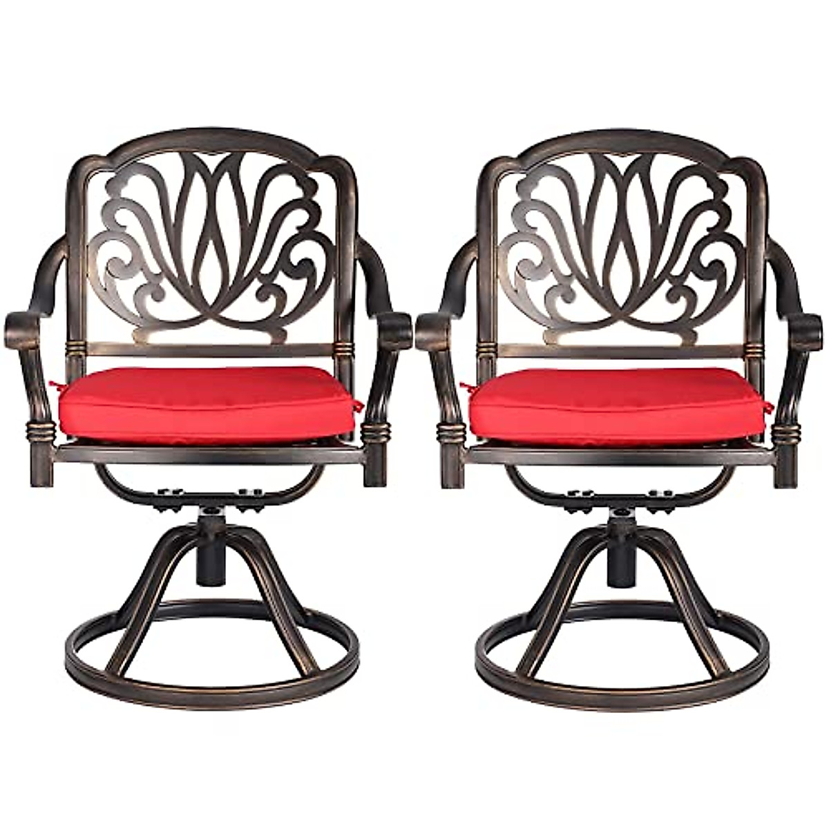 LEISU 2 Piece Cast Aluminum Bistro Dining Chair Outdoor Bistro Chairs for Home Patio Garden Deck (2 Swivel Rocker Chairs with Red Cushions)