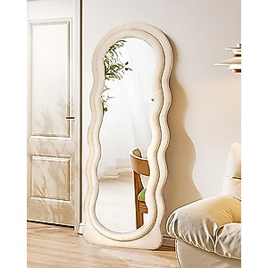 ITSRG Wavy Wall Mounted Mirror with Flannel Wrapped Wooden Frame and Stand - Full Length (White)