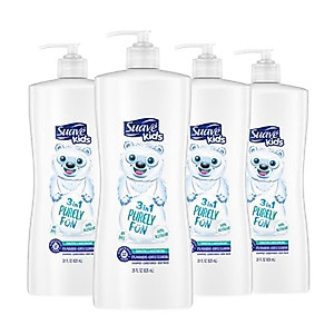 Suave Kids 3-in-1 Shampoo Conditioner Body Wash Purely Fun Makes Bath Time Quick and Easy, Paraben Free and Dermatologist Tested Kids Shampoo 3 in 1 Formula 28 Fl Oz (Pack of 4)
